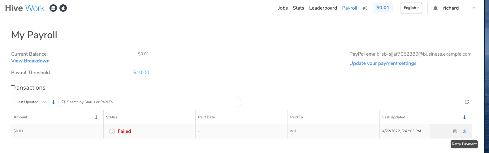 Why is my Payment status showing 'Failed' ? – Hive Work